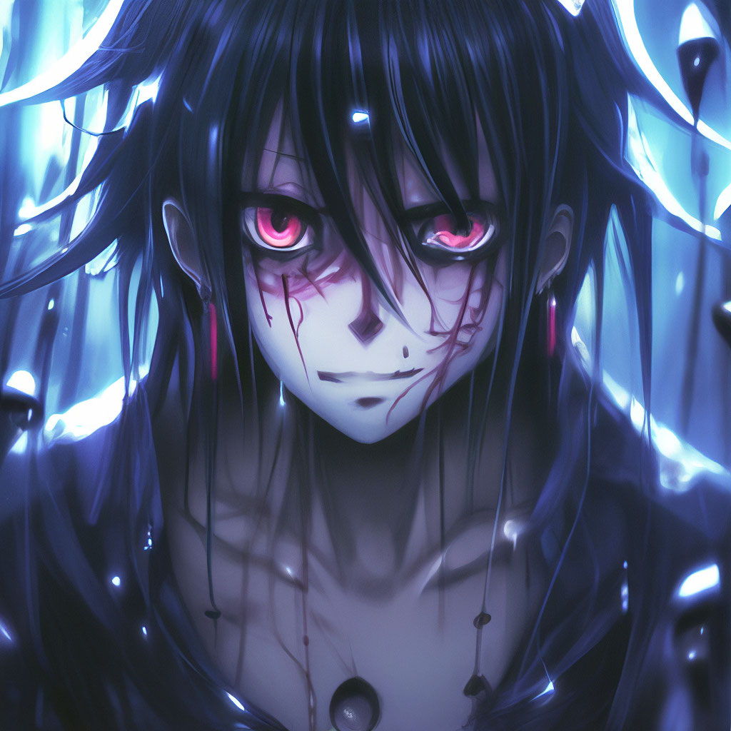 "Tears, pain, suffering, horror, smile, anime" — image created in Shedevrum