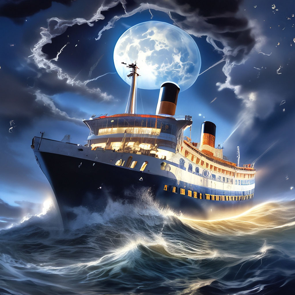 "Ferry, ship, storm, thunder, moon, ship sinking, titanic, birds flying ...