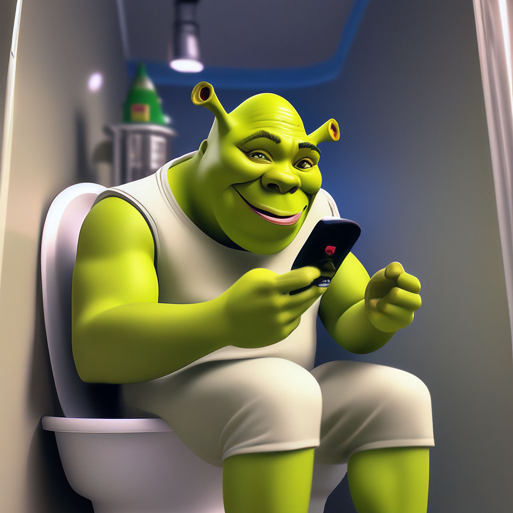 "Shrek is on a white toilet with a phone in his hands watching tick tok ...