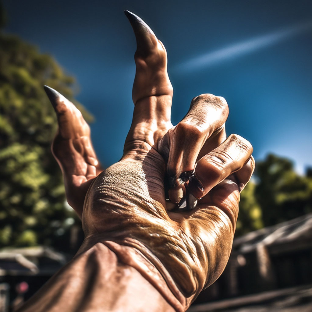 "A man's hand with claws fingers spread out in victory... KAMERADEN ...
