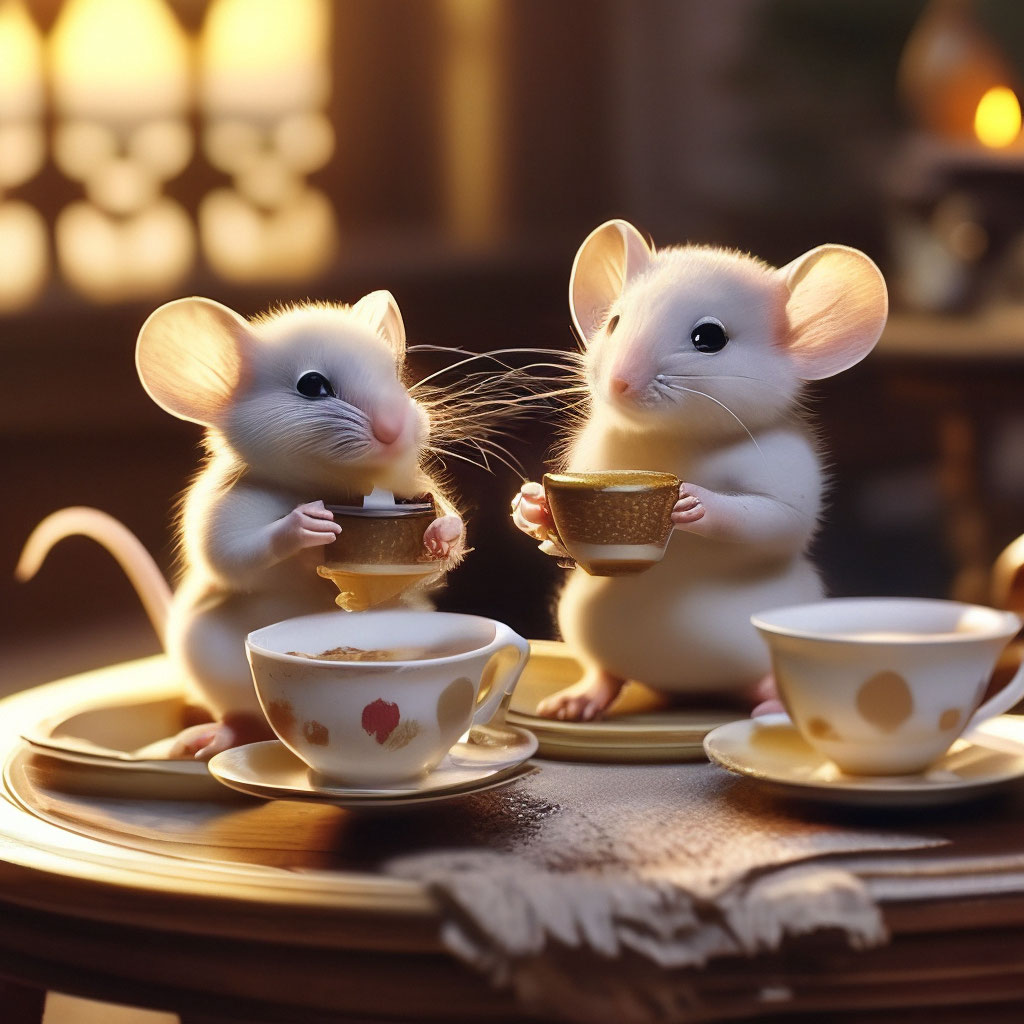 "Good evening, comfort, home, mice sitting at the table and drinking ...