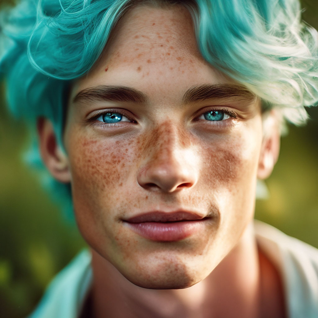 "Guy with aquamarine hair,light eyelashes,freckles,close-up in nature ...