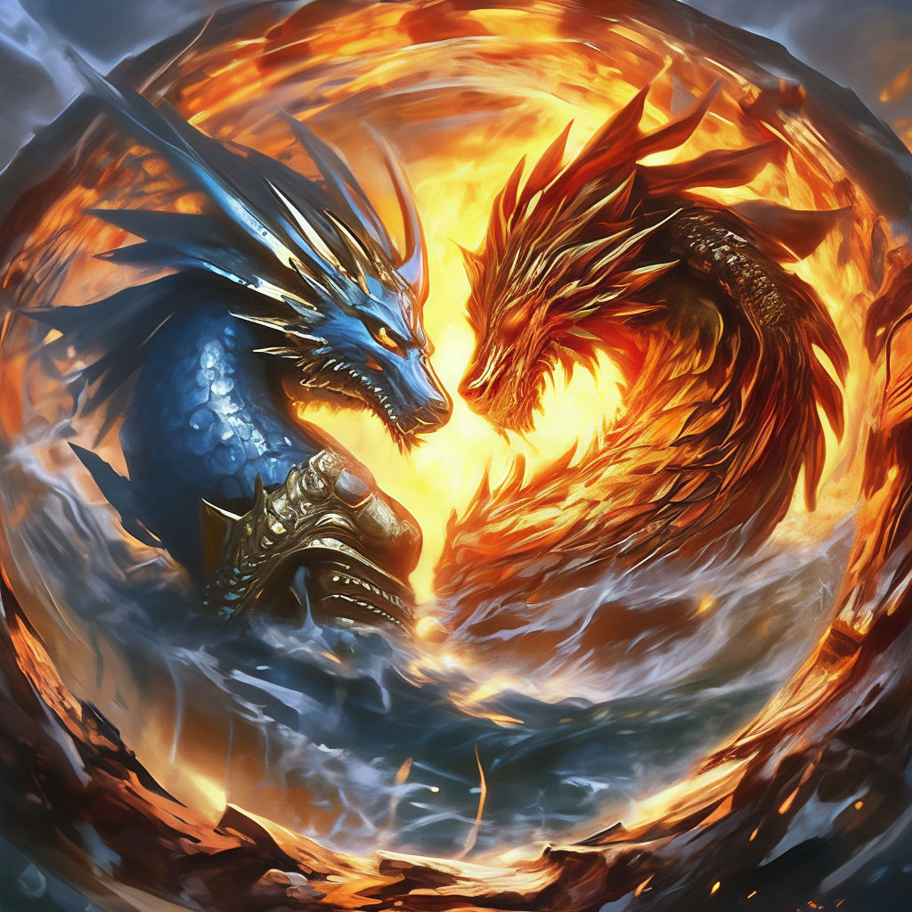 "Embrace of the dragon- and the phoenix, dragon scales, in a whirlpool ...