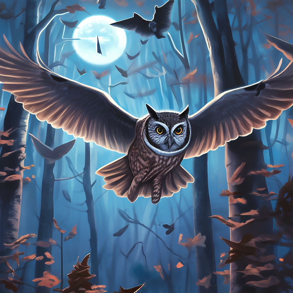 "An owl hovers over the evening forest, and bats fly behind it" — image ...