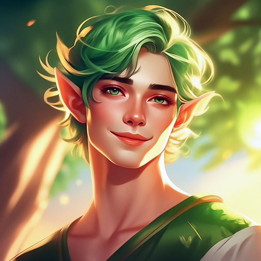 "Handsome elf guy with green hair beautiful face features, blushing ...