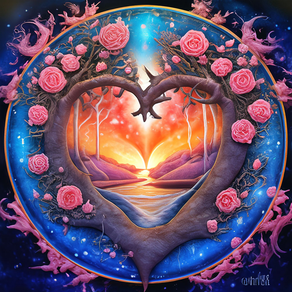 "Mandala in the form of a heart, epic, fabulous, lunar day over saturn ...