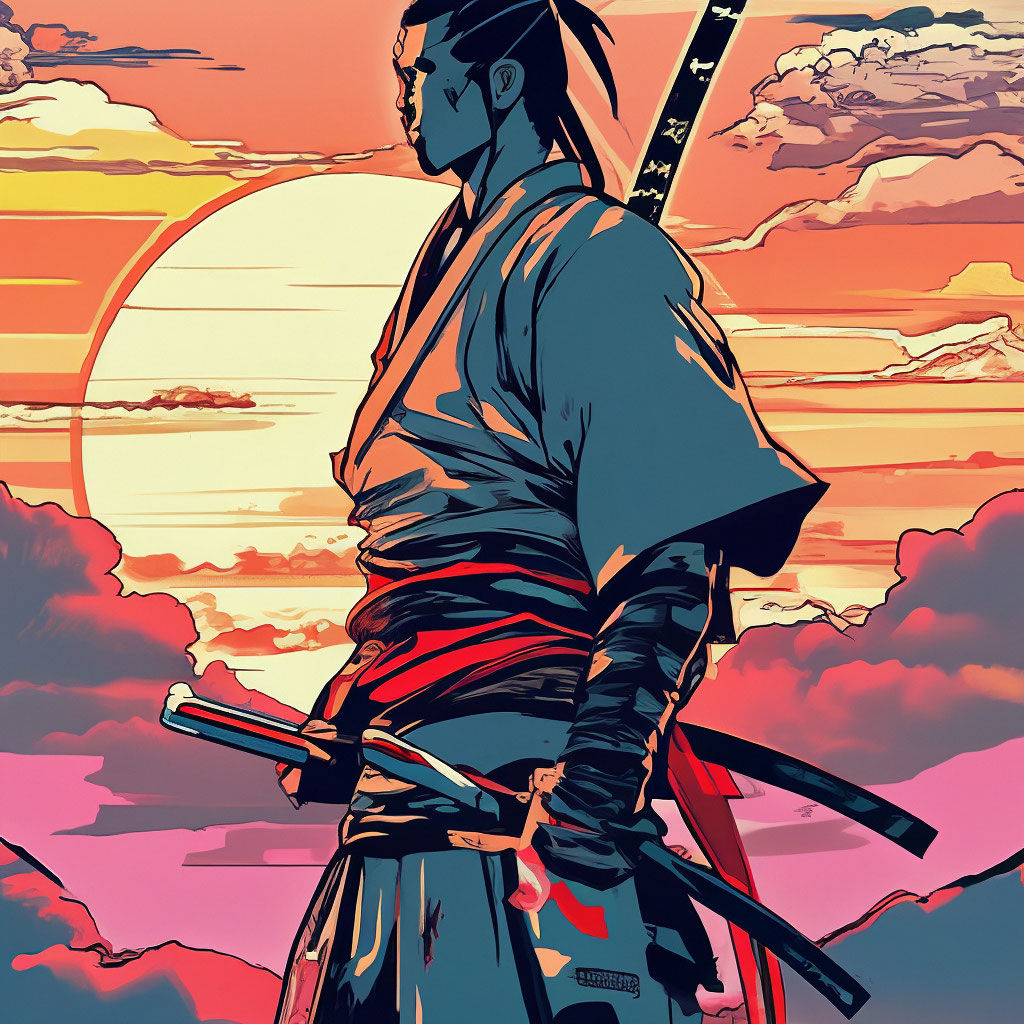 "A samurai in a bandage is training" — image created in Shedevrum