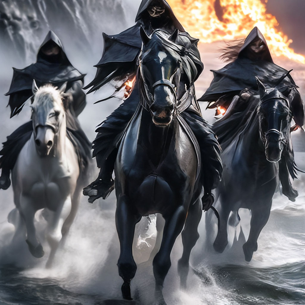 "Four horsemen of the apocalypse gallop through rivers of lava, on ...