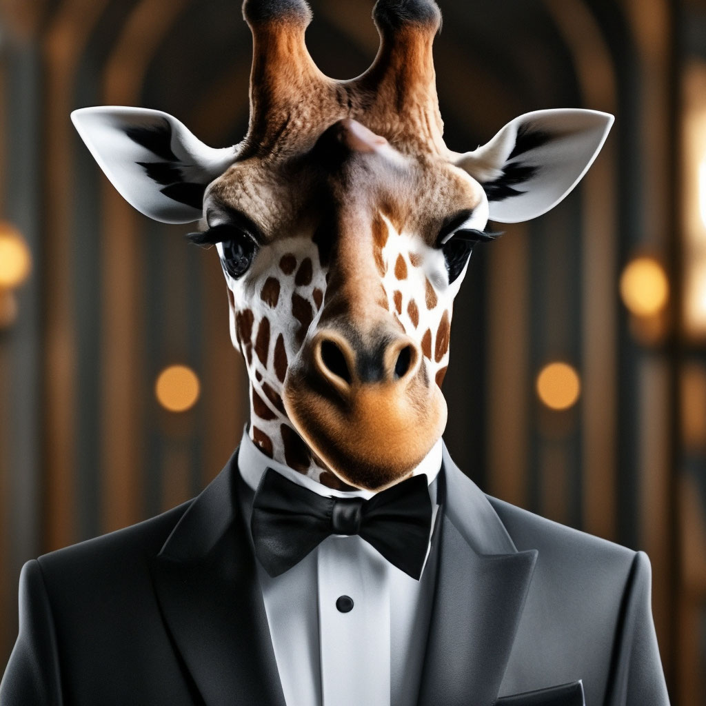 "Giraffe in tuxedo, aesthetically pleasing, beautiful, realistic, close ...