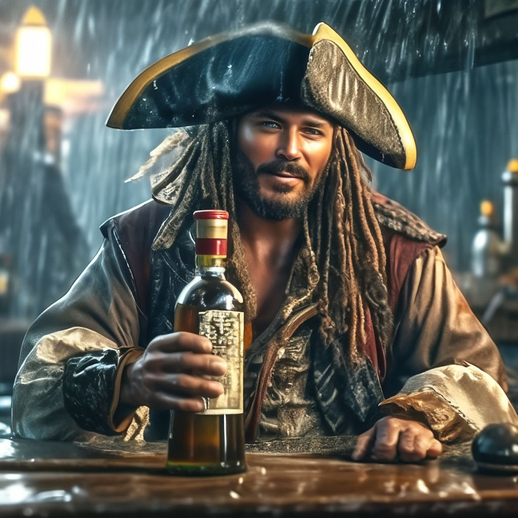 "The pirate drinks rum from a bottle in the rain and hurricane ...