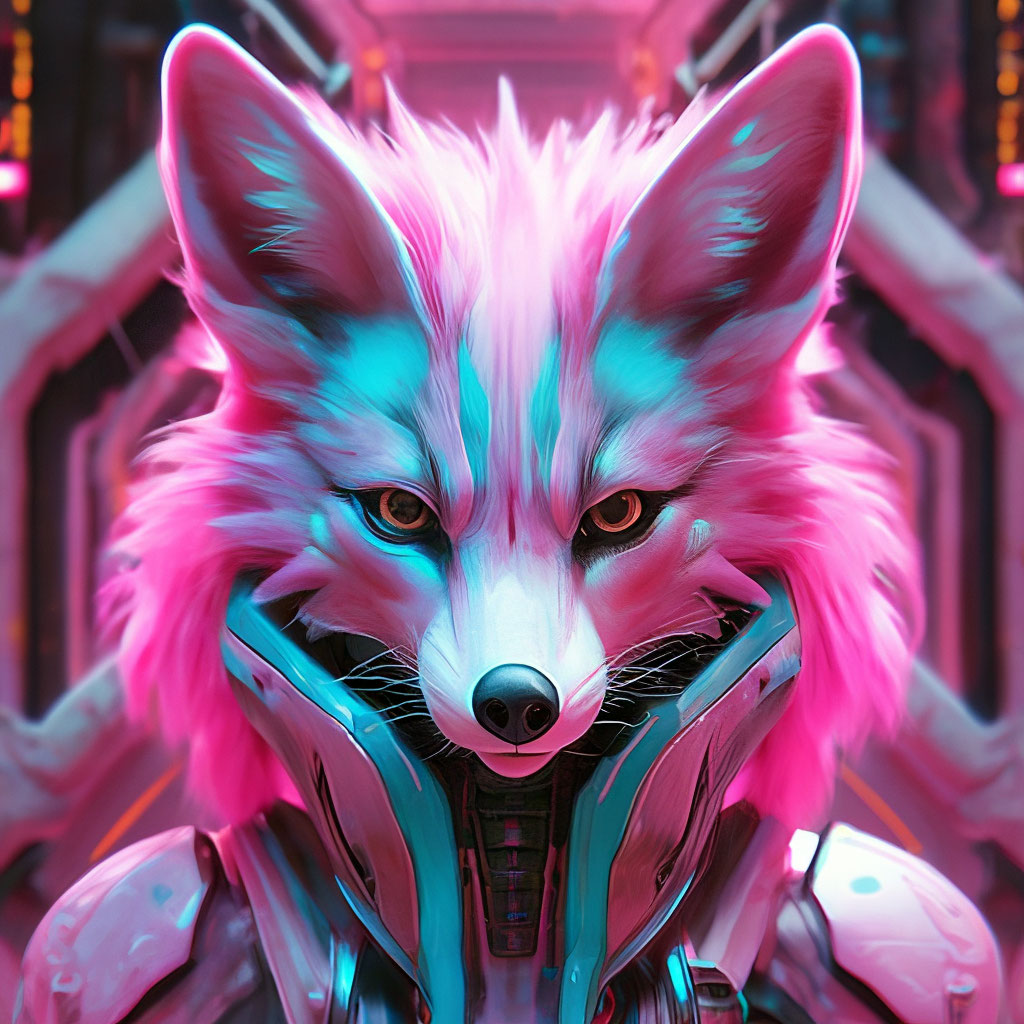 "A cyanide fox with a bright, eye-catching pink coat. Hyperrealism ...