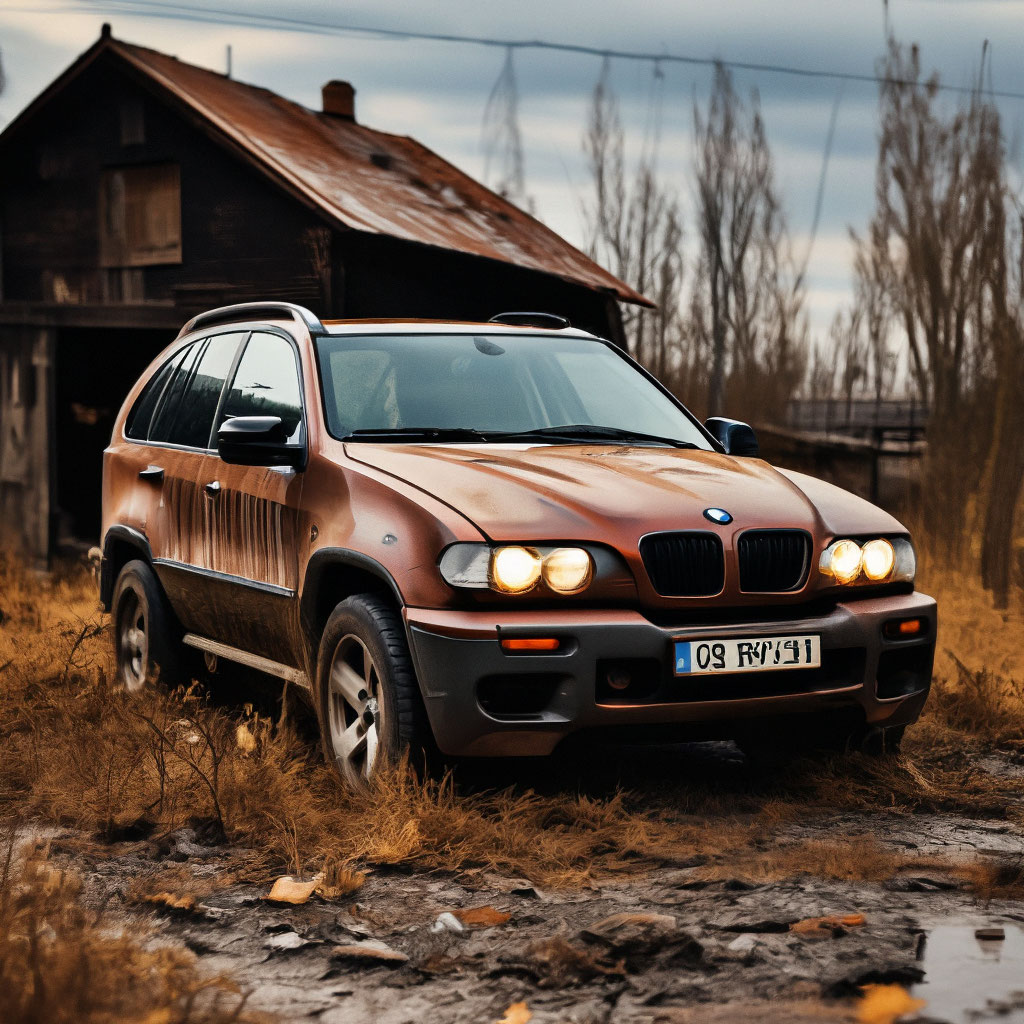 "BMW X5 2000 realistic, old, rusty stands in the barn of a terrible ...