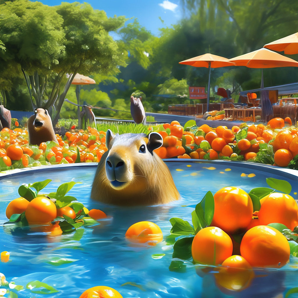 "A high-resolution photo with high detail of the pool in it, capybaras ...