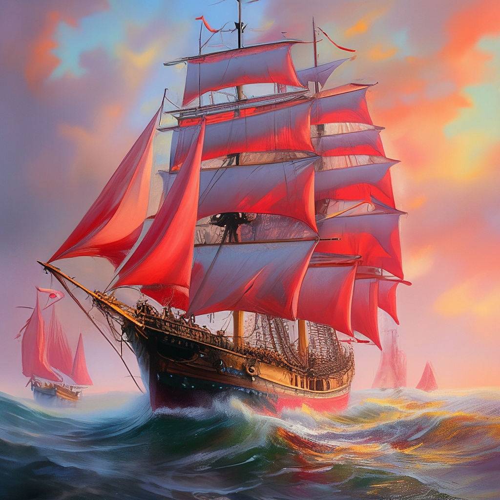 "Ship, scarlet sails, realistic in pastel colors" — image created in ...