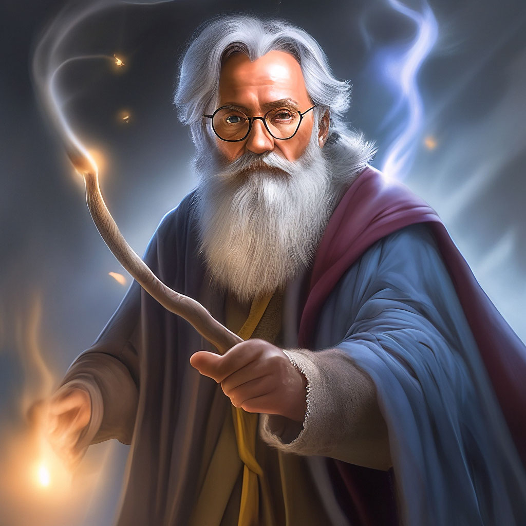 "Very old harry&Potter. gray beard. gray hair. the magic wand is aimed ...