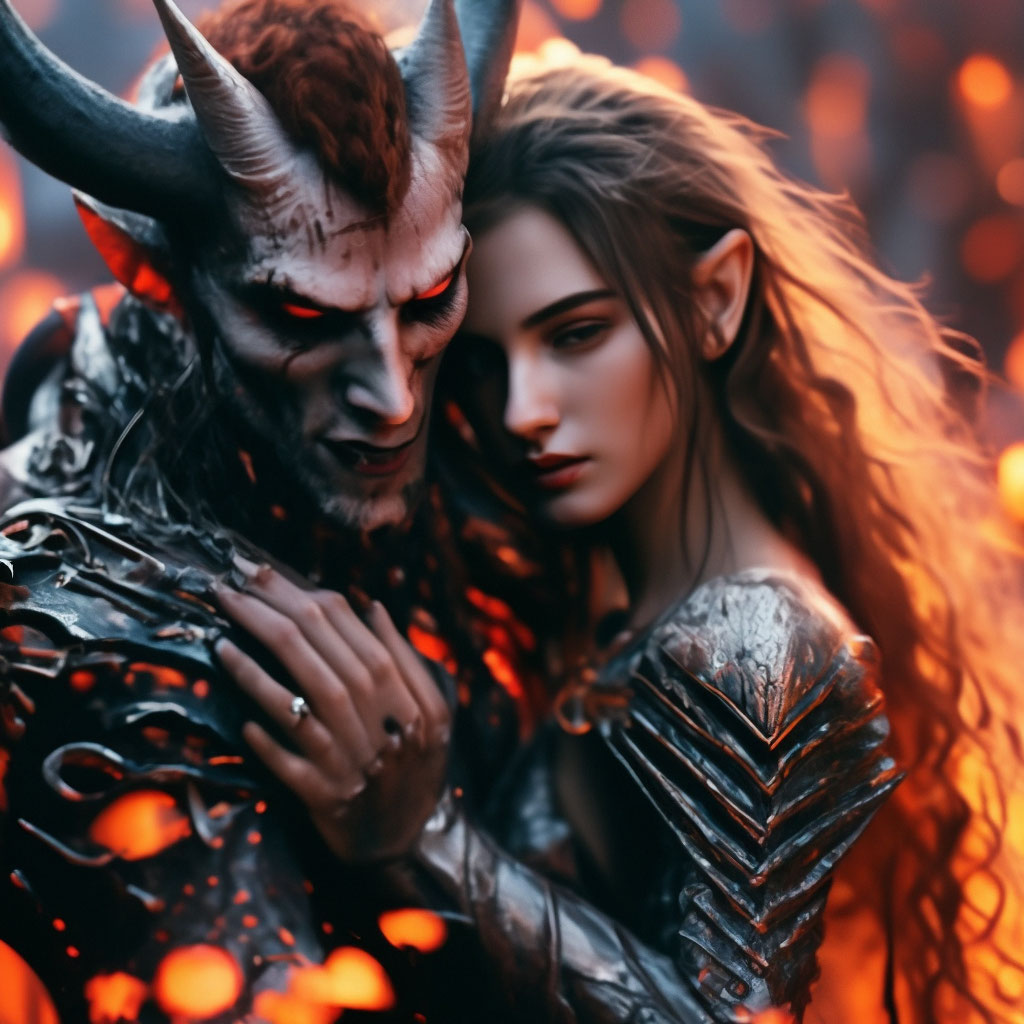 "An elf girl embraces a demon, an elf has flowers in the background, a ...