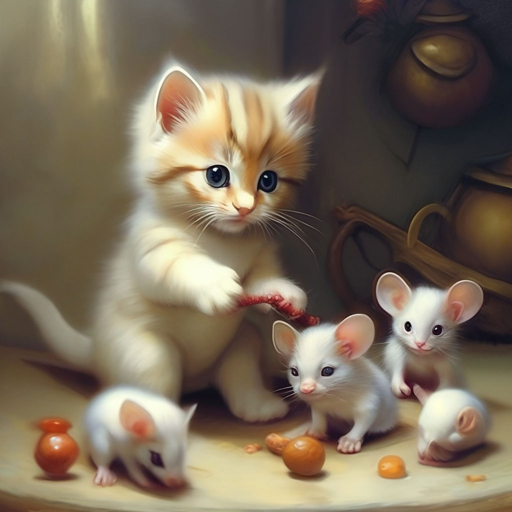"A little kitten that plays with little mice" — image created in Shedevrum