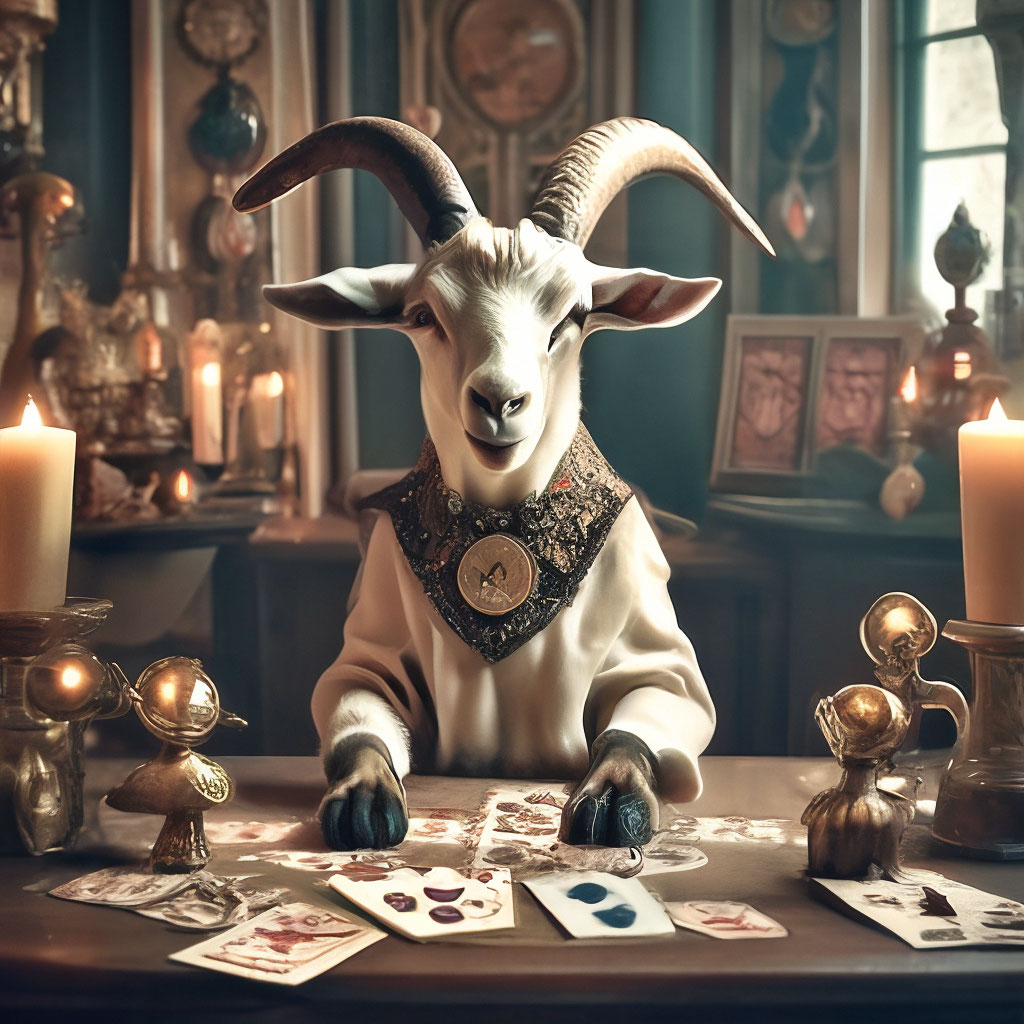 "Cute goat with ears back in the tarot salon, with fortune-telling ...