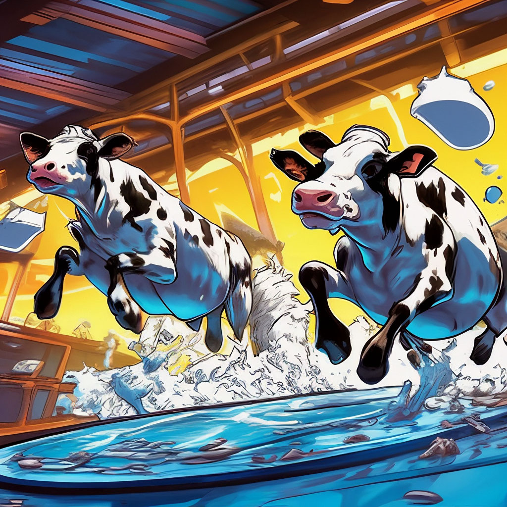 "Cows take turns jumping into milk at competitions" — image created in ...