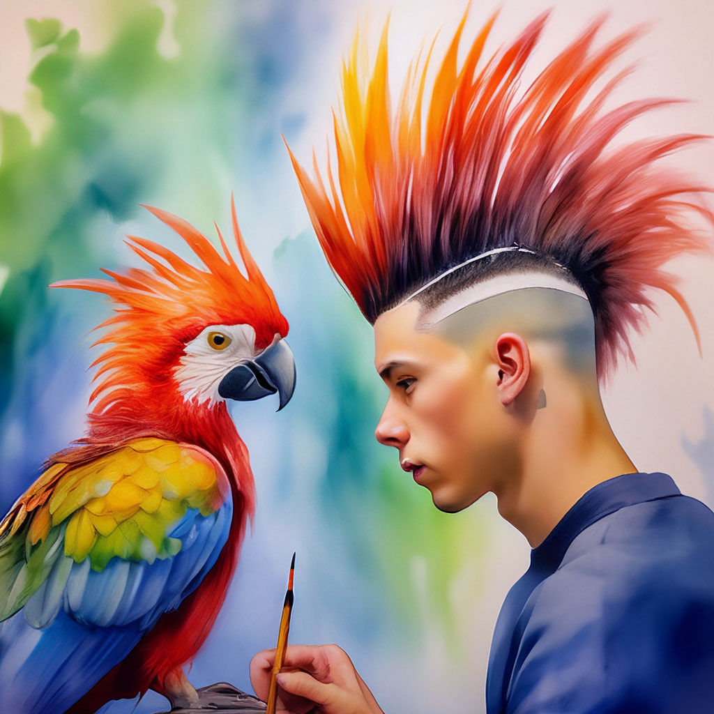 "A young man with a mohawk and a parrot with a mohawk look at each ...