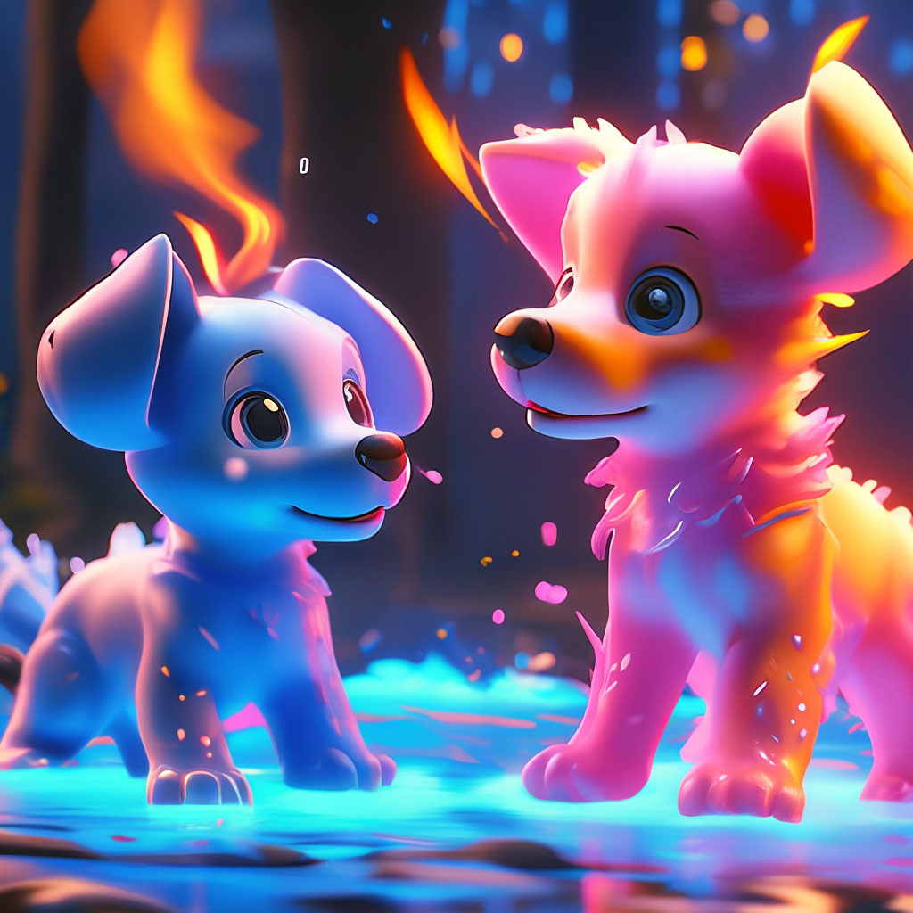 "A water puppy plays with a fire puppy" — image created in Shedevrum