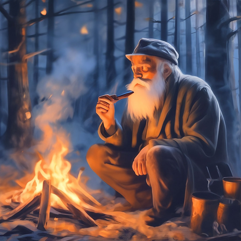 "A bonfire was burning in the night forest, and a tired grandfather was ...