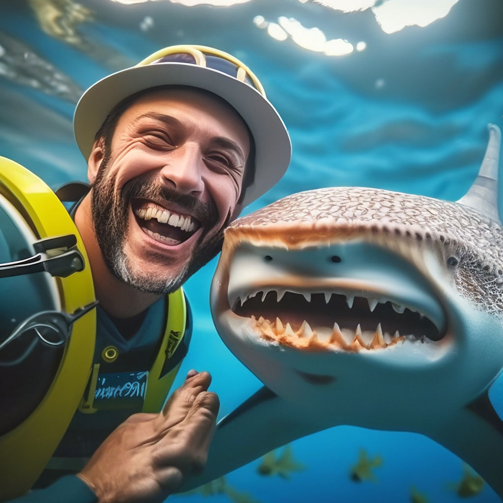 "Laughing shark in a close—up portrait with a man, funny, smiling ...
