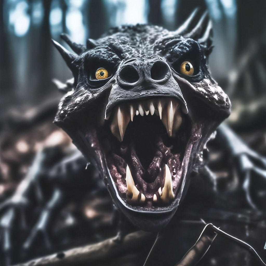 "Monster without eyes with an open toothy mouth in a dark dry forest ...