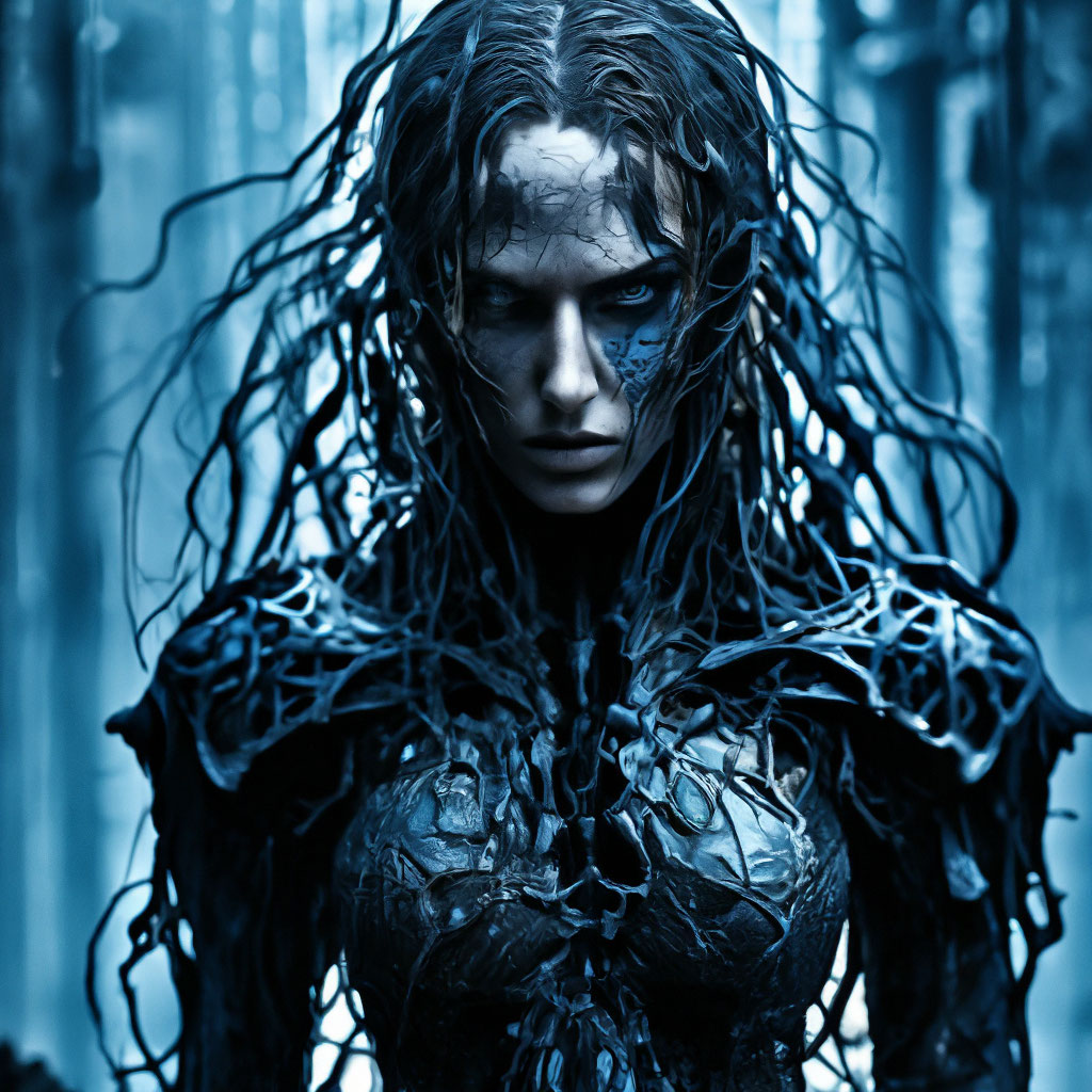 "Dark-fantasy digital ink engraving, blue tones, horror-necronomicon ...