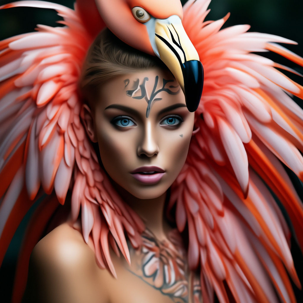 "From an advertising magazine, professional photo, hybrid girl+flamingo ...