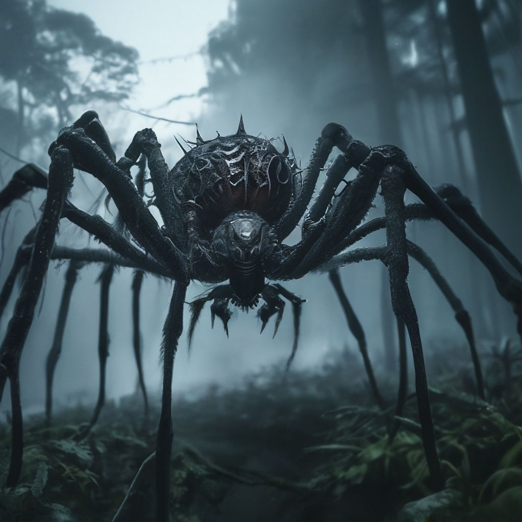 "Bloodthirsty mutant spider, dark forest, night, fog, web, dark, scary ...