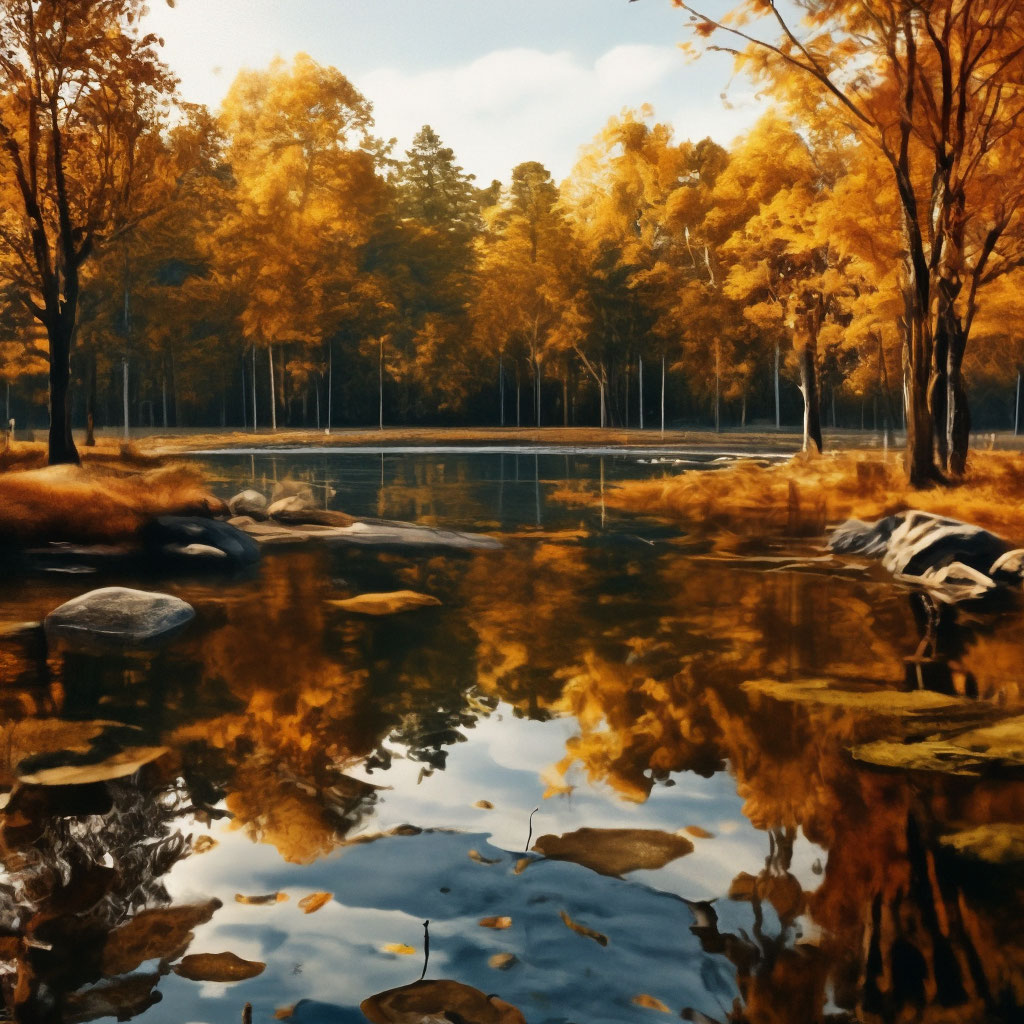 "Pond in the forest autumn watercolor drawing, beautiful, realistic ...
