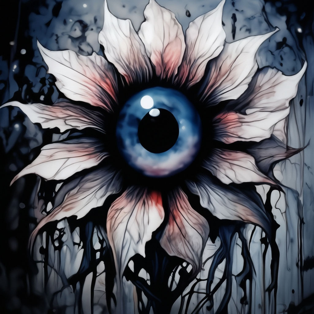 "Eyeball creep flower, ink watercolor, coal dust, white glow, horror ...