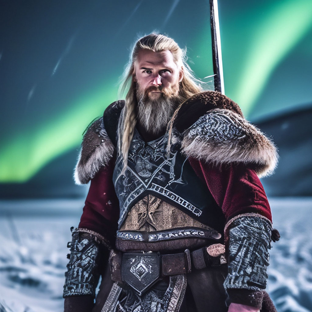 "The warlike Viking Avor from Norway is standing on the snow, next to ...