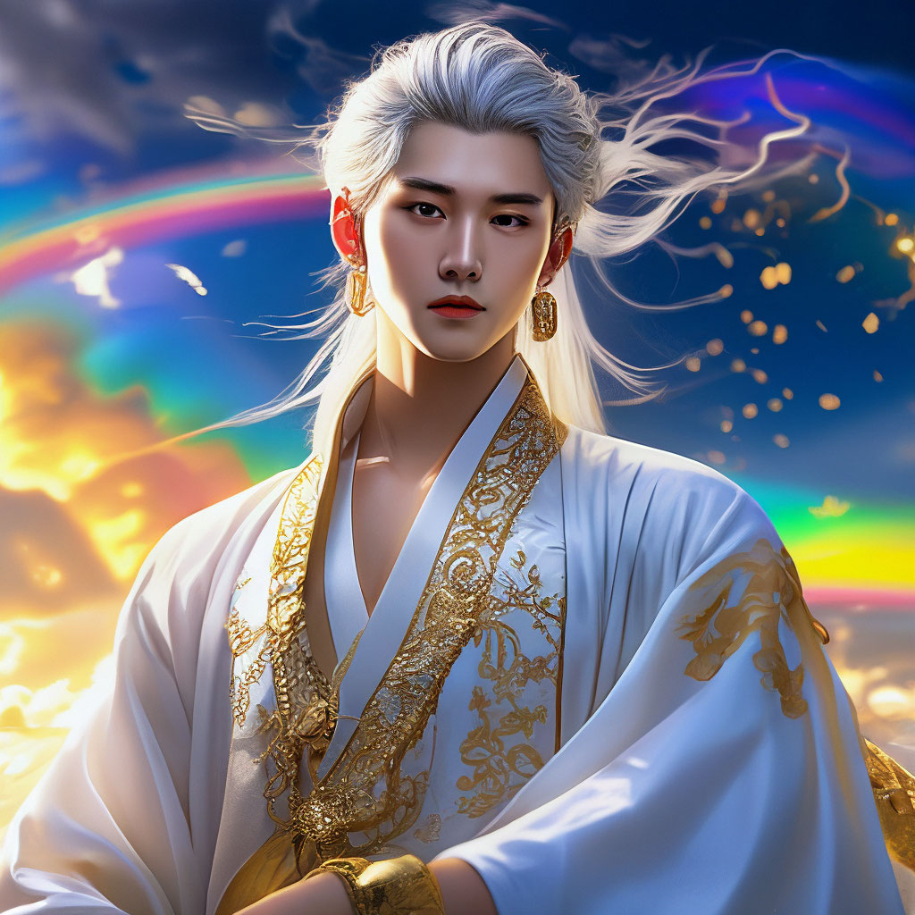"Asia. Man. Hyper realistic, white hanfu, loose hair, beautiful male ...