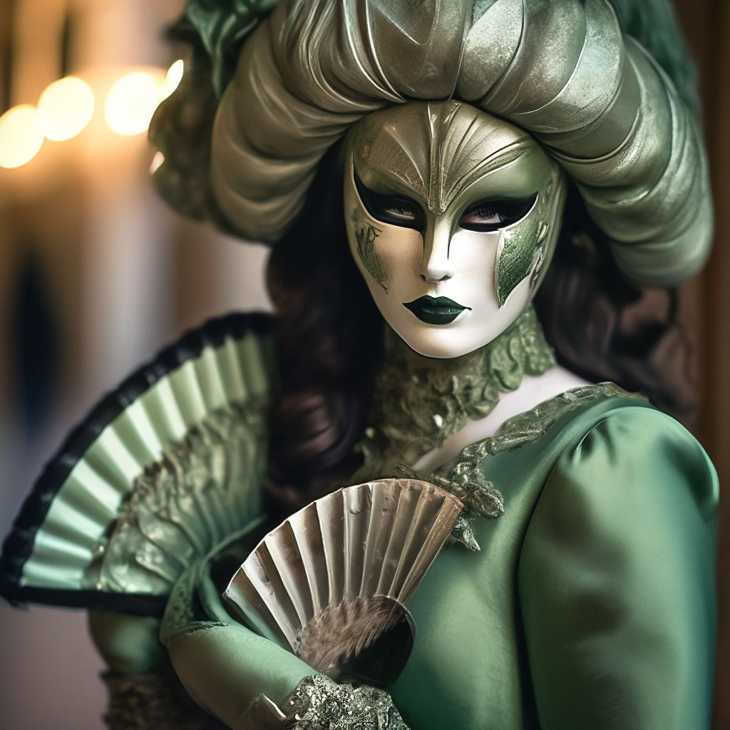"A beautiful mysterious girl in a Venetian mask, in an ash-green ...