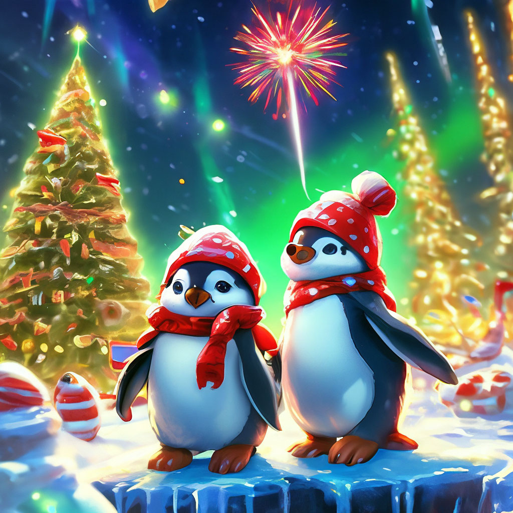 "Two cheerful realistic penguins in red caps are standing on an ice ...
