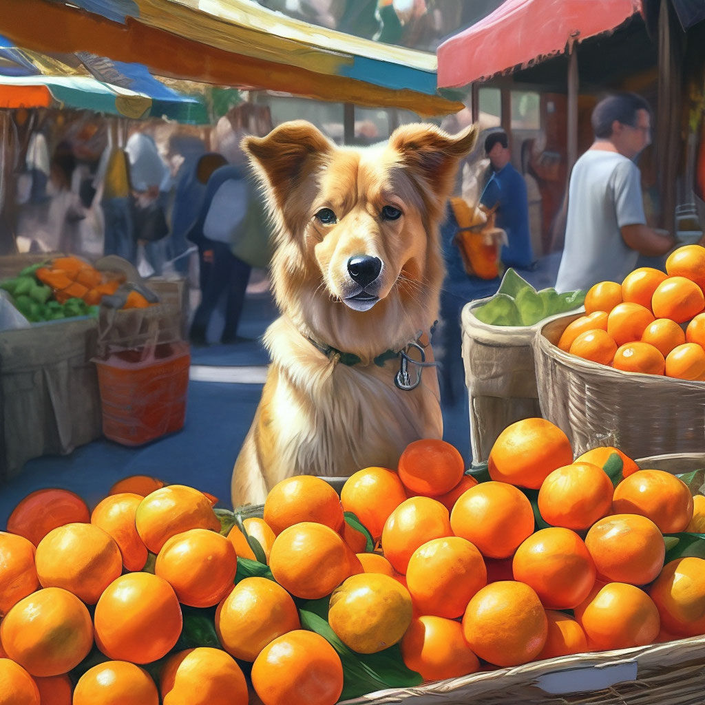 "A dog sells tangerines at the market" — image created in Shedevrum