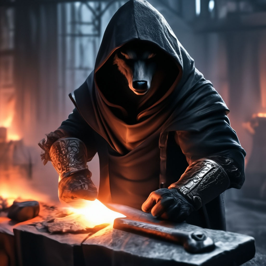 "Blacksmith wolf werewolf in a black robe and hood, forges a great ...