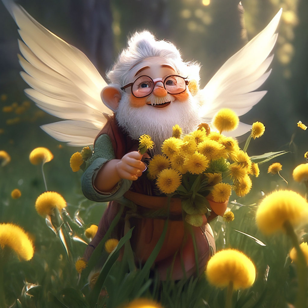 "A beautiful animated dwarf with grandmother's wings flies to a bouquet ...