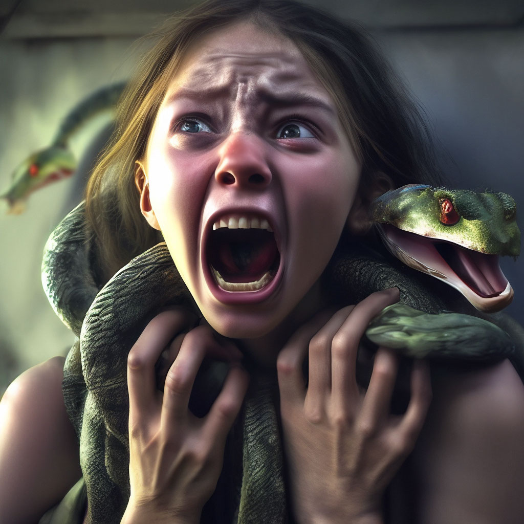 "A girl who has snakes instead of hands, screams with fear, horror in ...