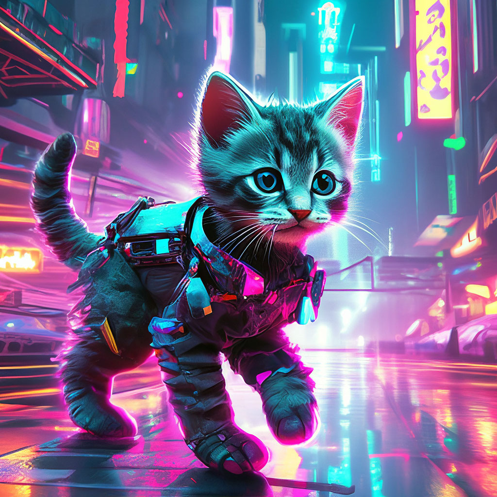 "Cyber kitten runs around Cyber city" — image created in Shedevrum