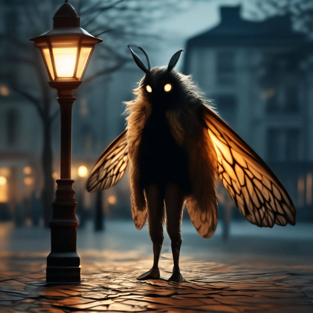 "Horrors, darkness, dark night, a moth man standing on the ground ...