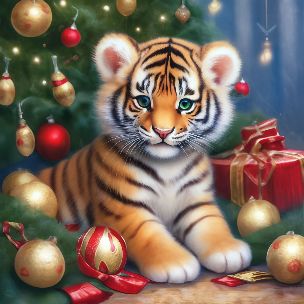 "A cute fluffy tiger cub is sitting under the Christmas tree" — image ...