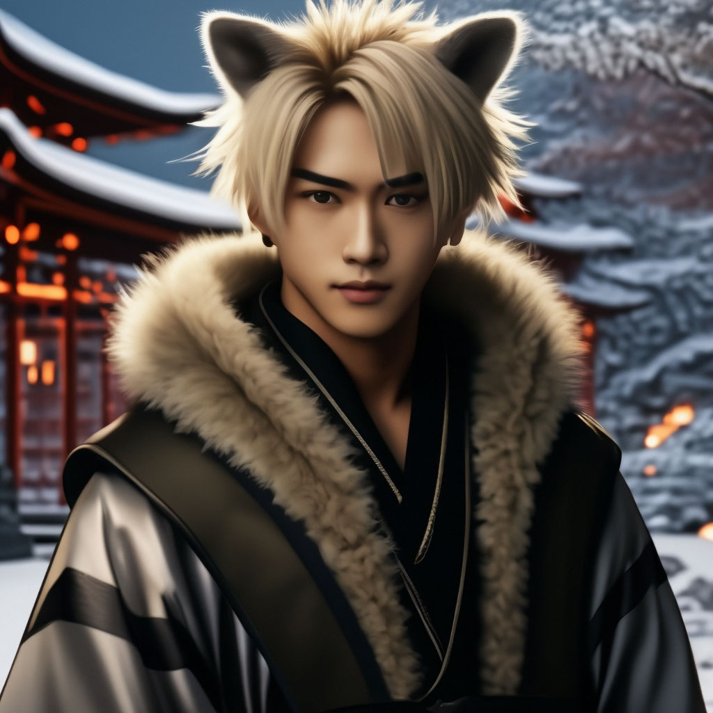 "Tanuki handsome young Asian guy with raccoon ears, blond hair, golden ...