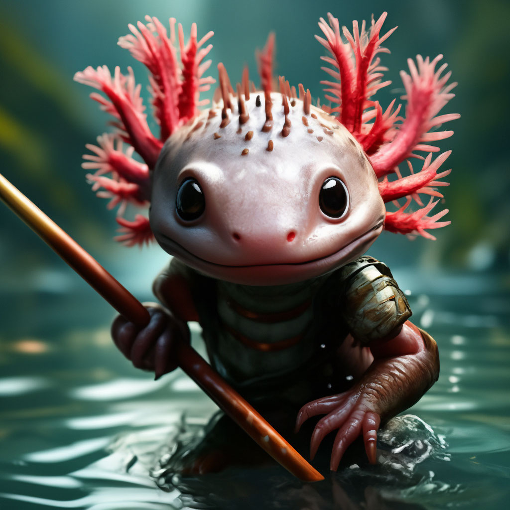 "Axolotl with a spear, realism, detail" — image created in Shedevrum