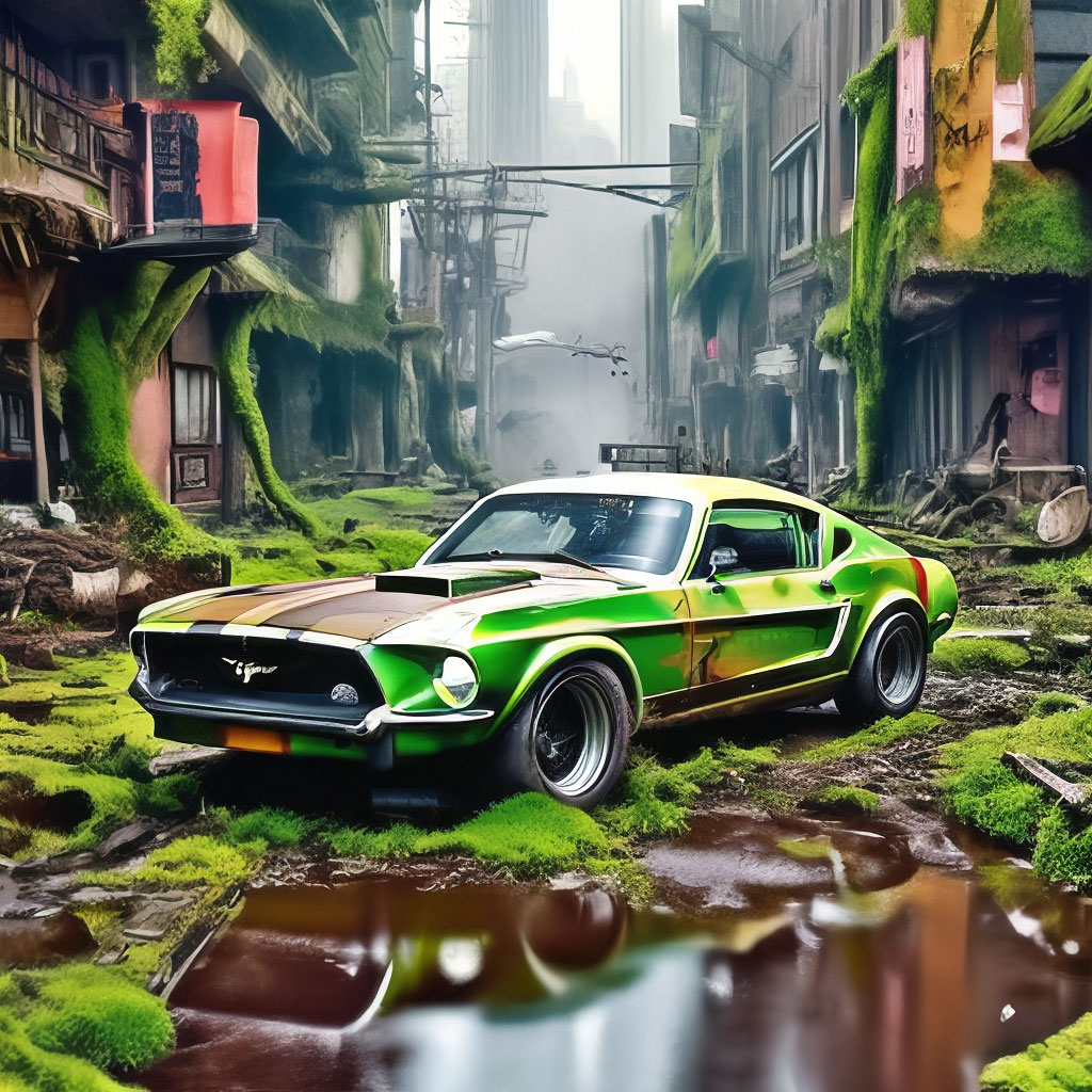 "Ford Mustang, apocalypse, cyberpunk city, rust, overgrown city, moss ...