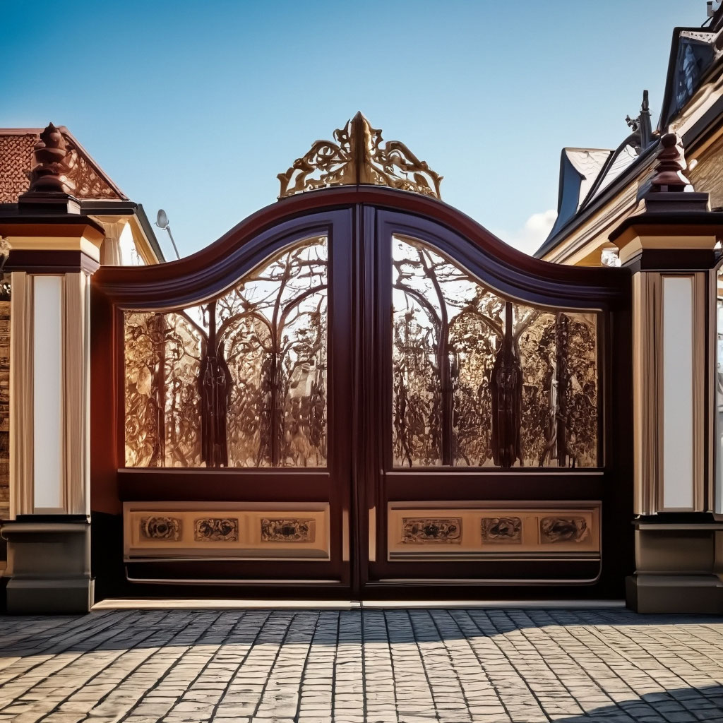 "Beautiful wide double sliding gates, mahogany-colored gates covered ...