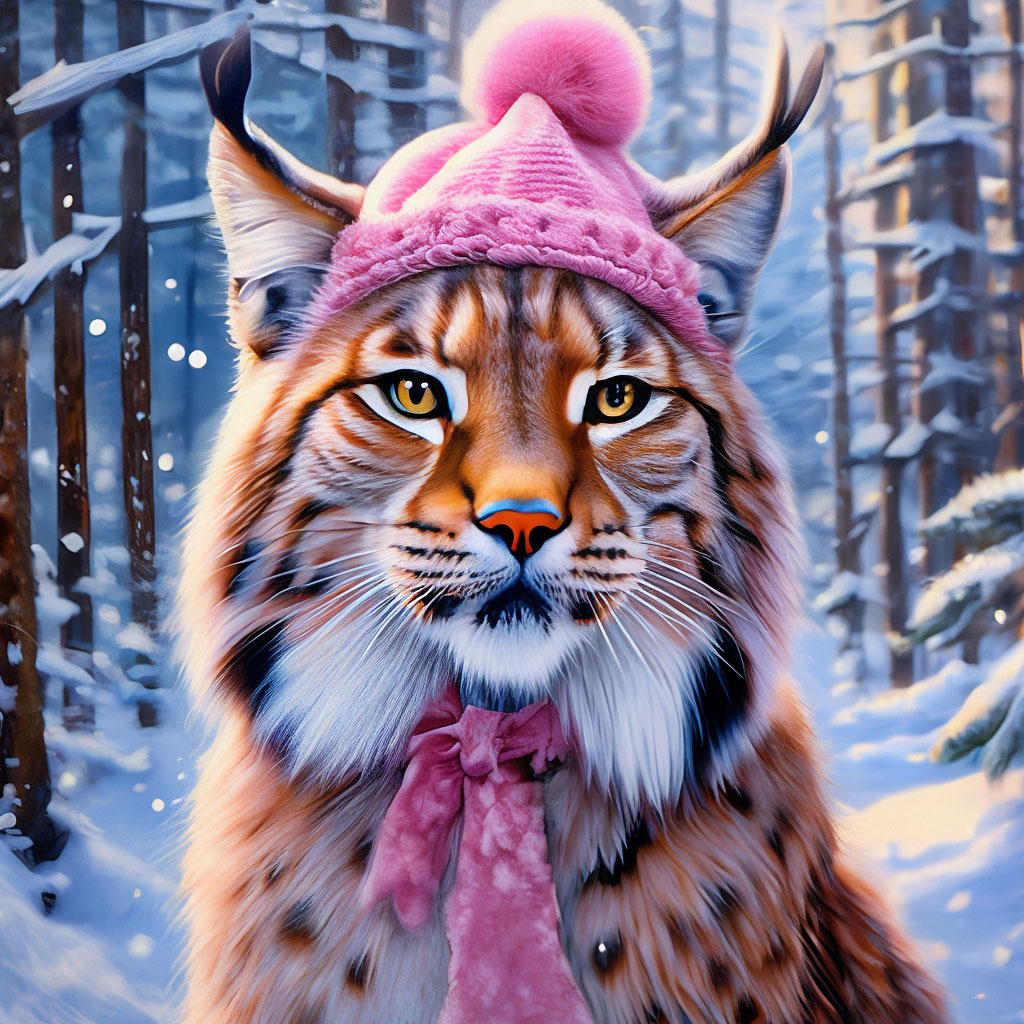 "Beautiful cheerful pink lynx in a Santa Claus hat in a winter forest ...