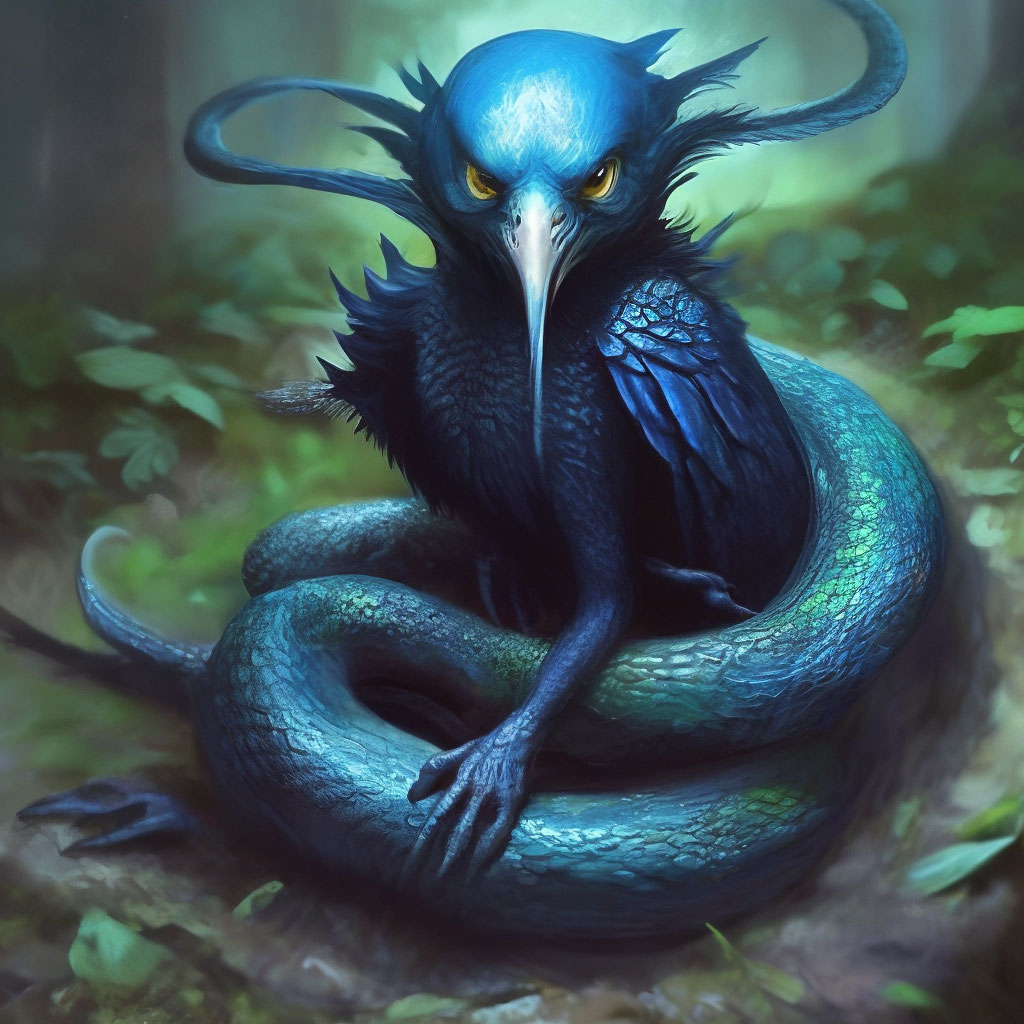 "Somnaris// kk, dark spirit, blue-black snake bird, snake body with ...